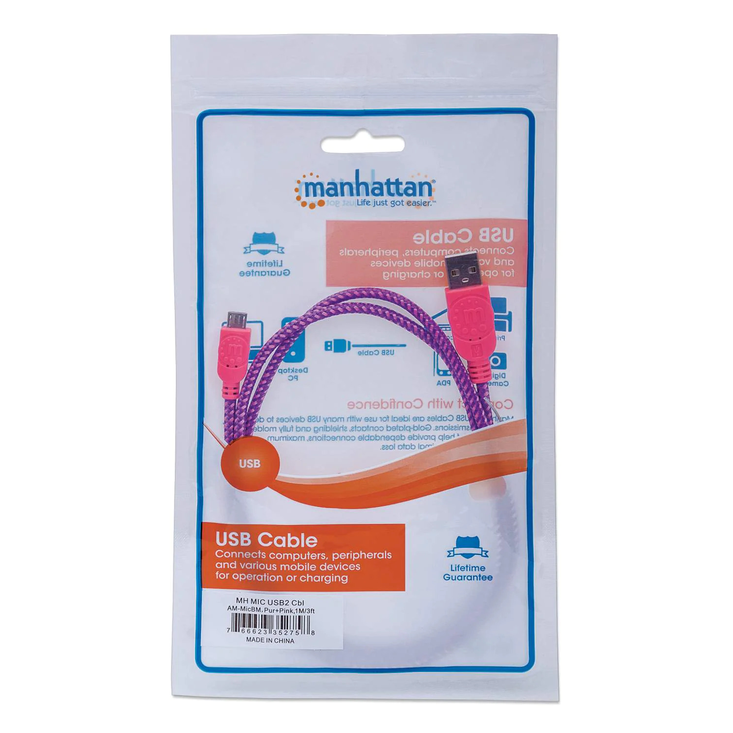 Manhattan, Cable usb V2 A-Micro B, textil, 1mt,morado rosa 001 Pieza.