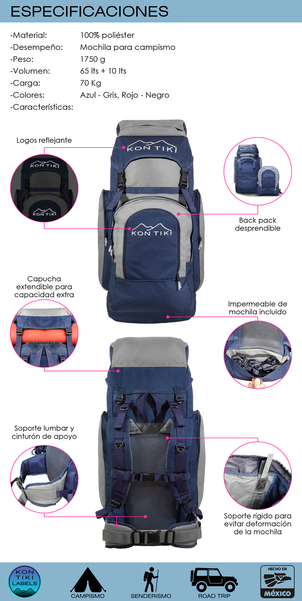 Mochila 2 en 1 Azul para Viaje y Campismo 62l + Backpack 10l Kon Tiki ...