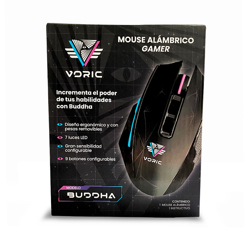 Mouse gamer Buddha by Voric con luz led y pesas removibles