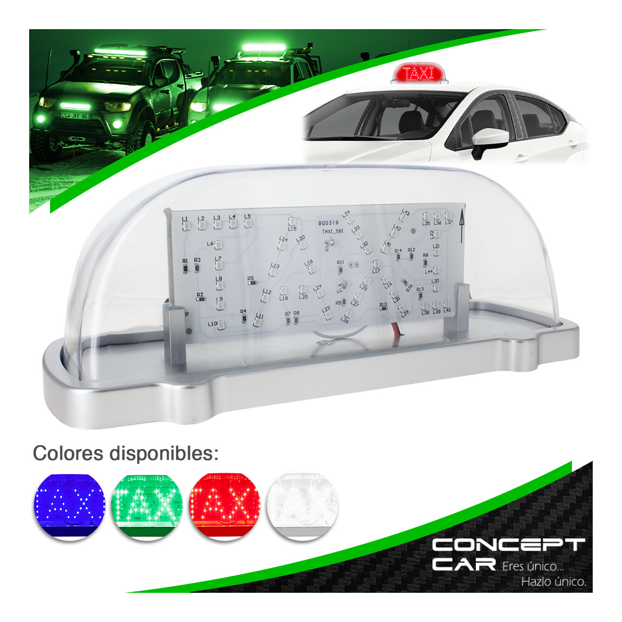 Copete Acrilico Letrero Taxi Con Luz Led Doble Vista Iman