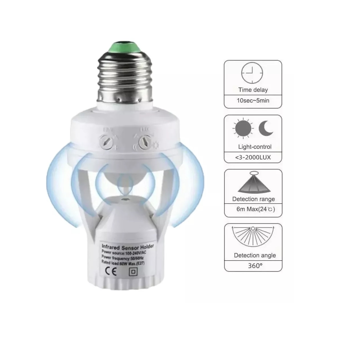 Socket Con Sensores De Movimiento 360 grados Y Luminosidad 60w E27