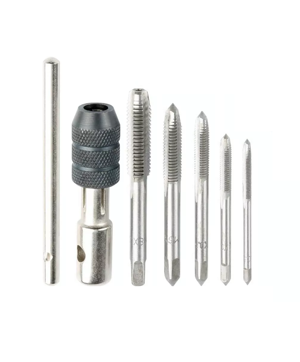 5 Machuelos Con Maneral Brocas Para Rosca Roscador M3 - M8 Plata