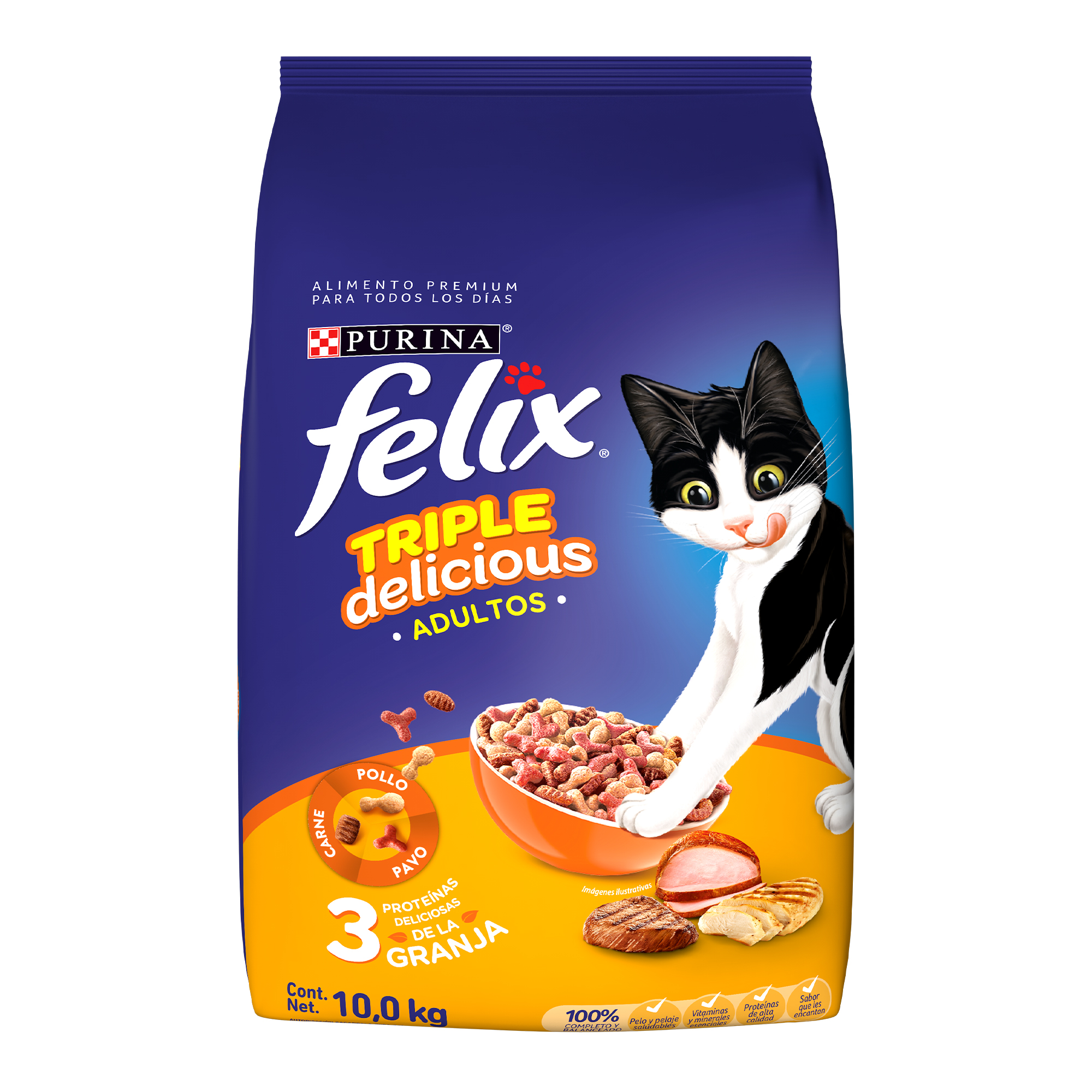 Alimento para Gato Felix Adultos Triple Delicious Granja 10kg