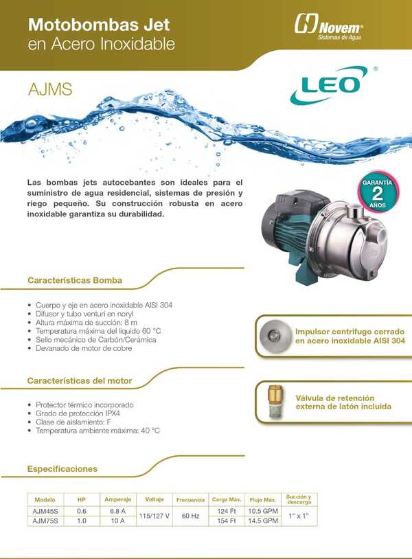 Bomba Autoaspirante Tipo Jet Acero Inoxidable Leo 1 Hp 115/127 V