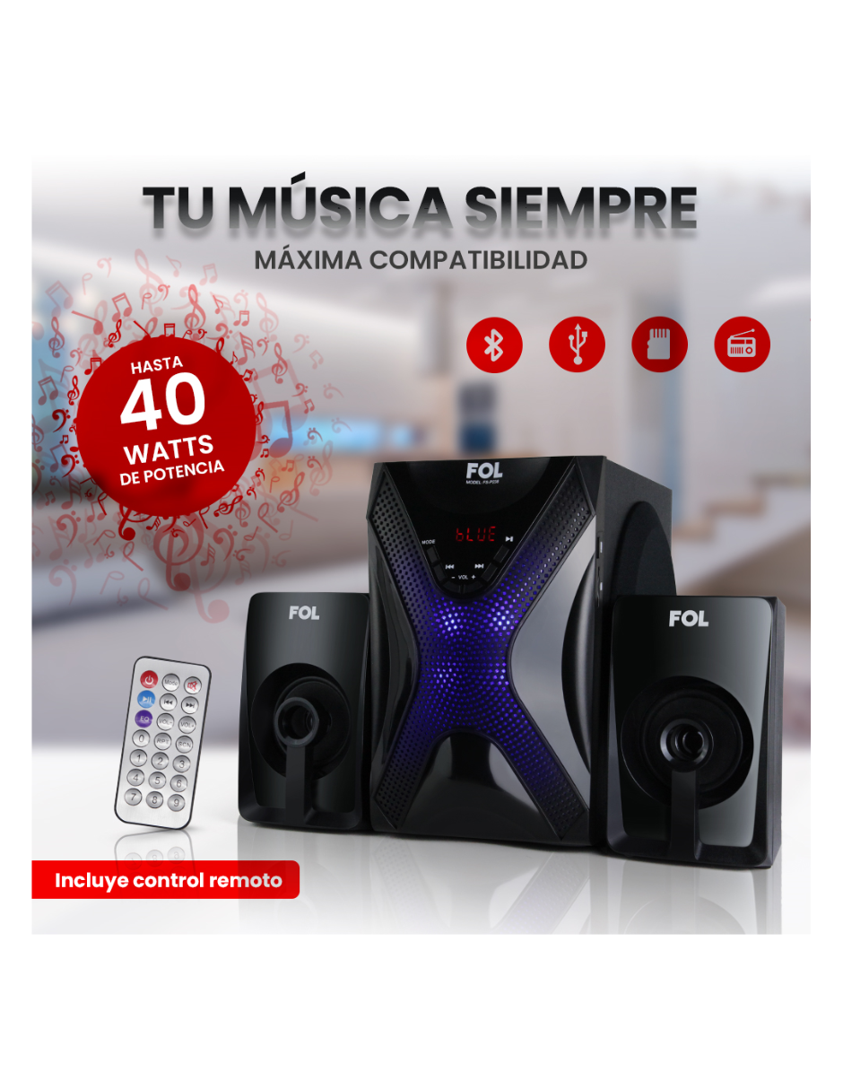Mini componente de 3 bocinas y control remoto con luz FOL FS-P238