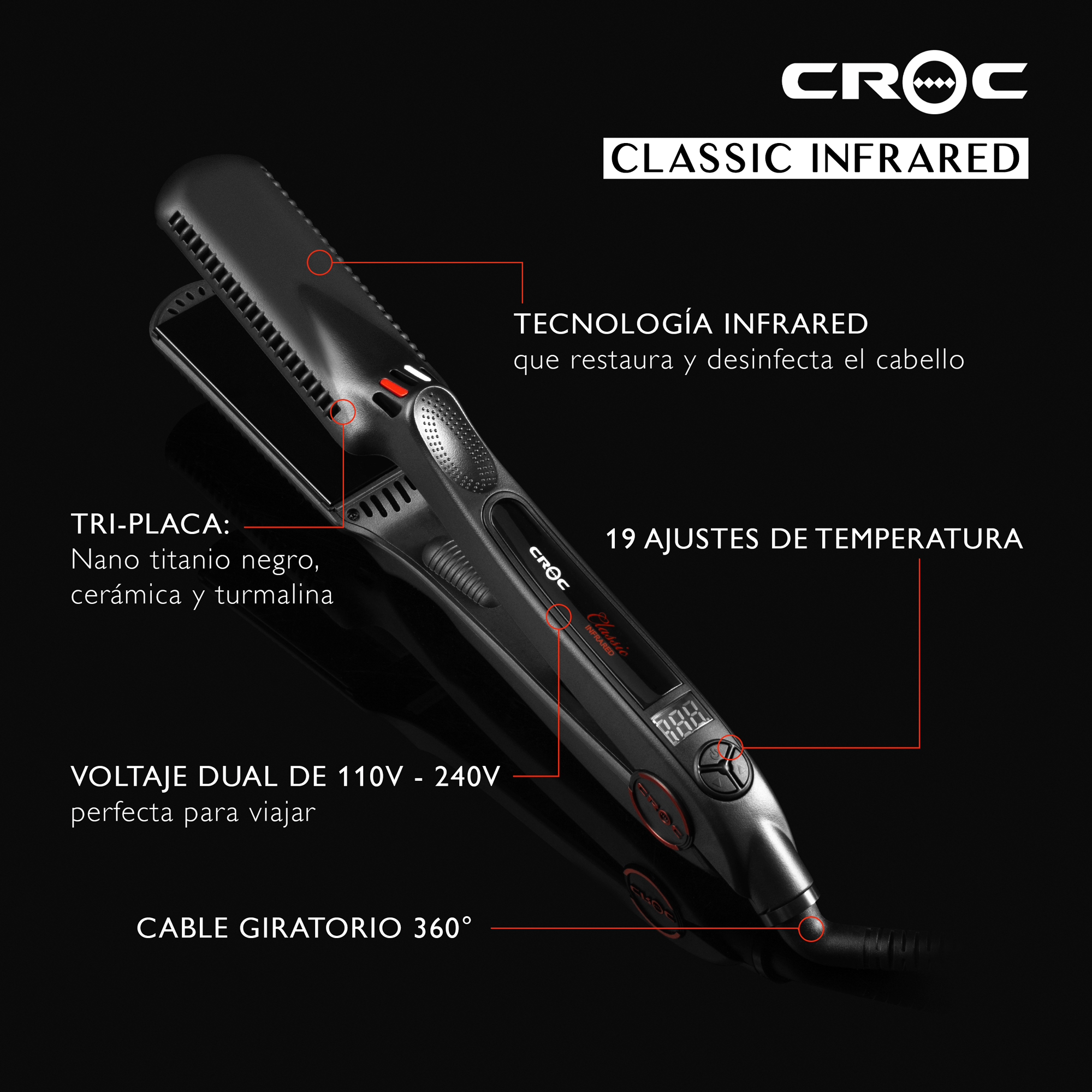 Alaciadora para cabello CROC Classic Infrared, repara y restaura el cabello