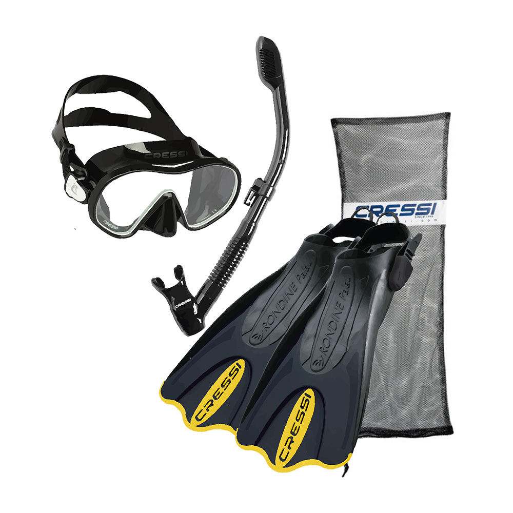 Combo CRESSI Set F-Dual Aletas Palau Cortas Adulto Snorkeling Amarillo