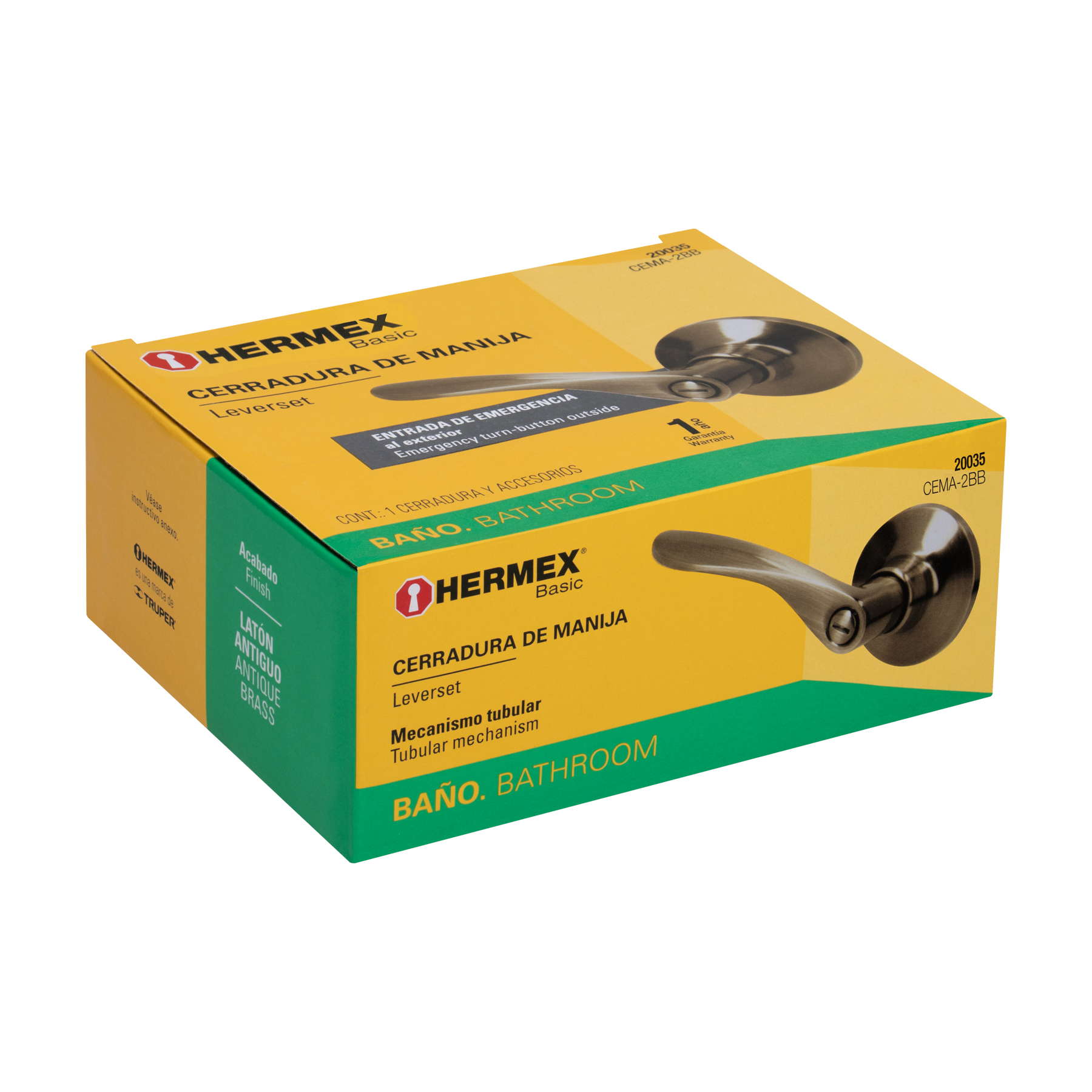 CERRADURA MANIJA BAÑO LATÓN ANTIGUO, CIL METÁLICO, HERMEX 20035