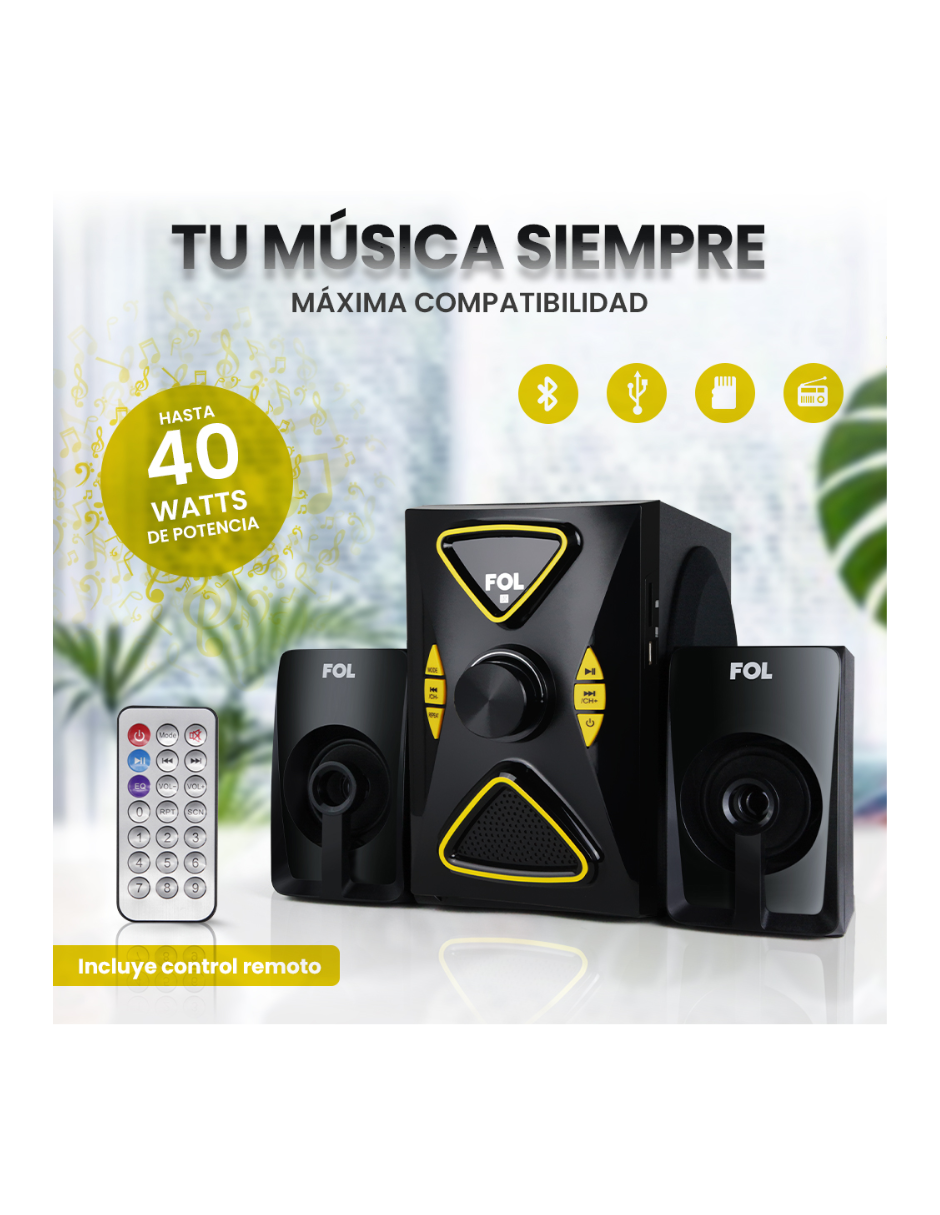 Mini componente de 3 bocinas y control remoto con luz