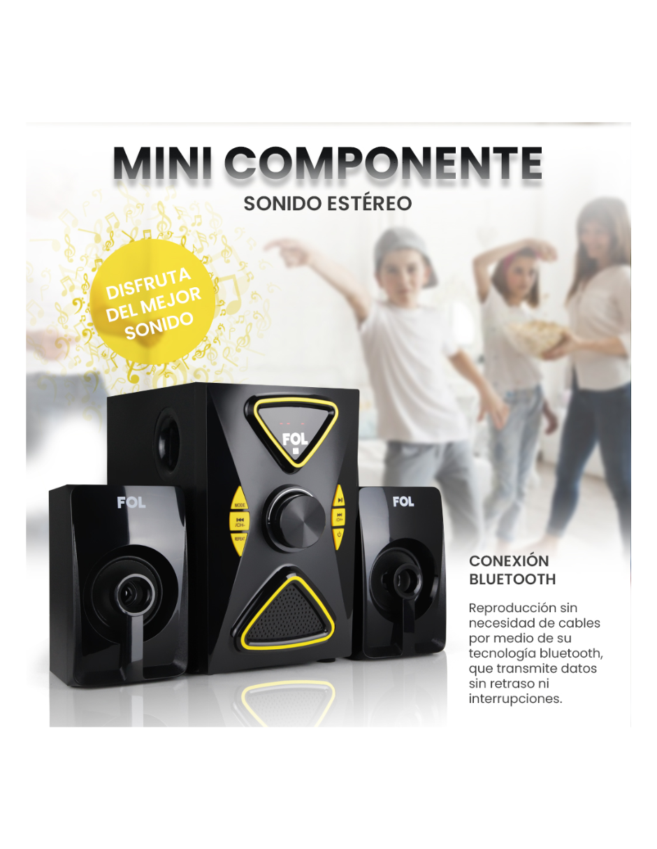 Mini componente de 3 bocinas y control remoto con luz