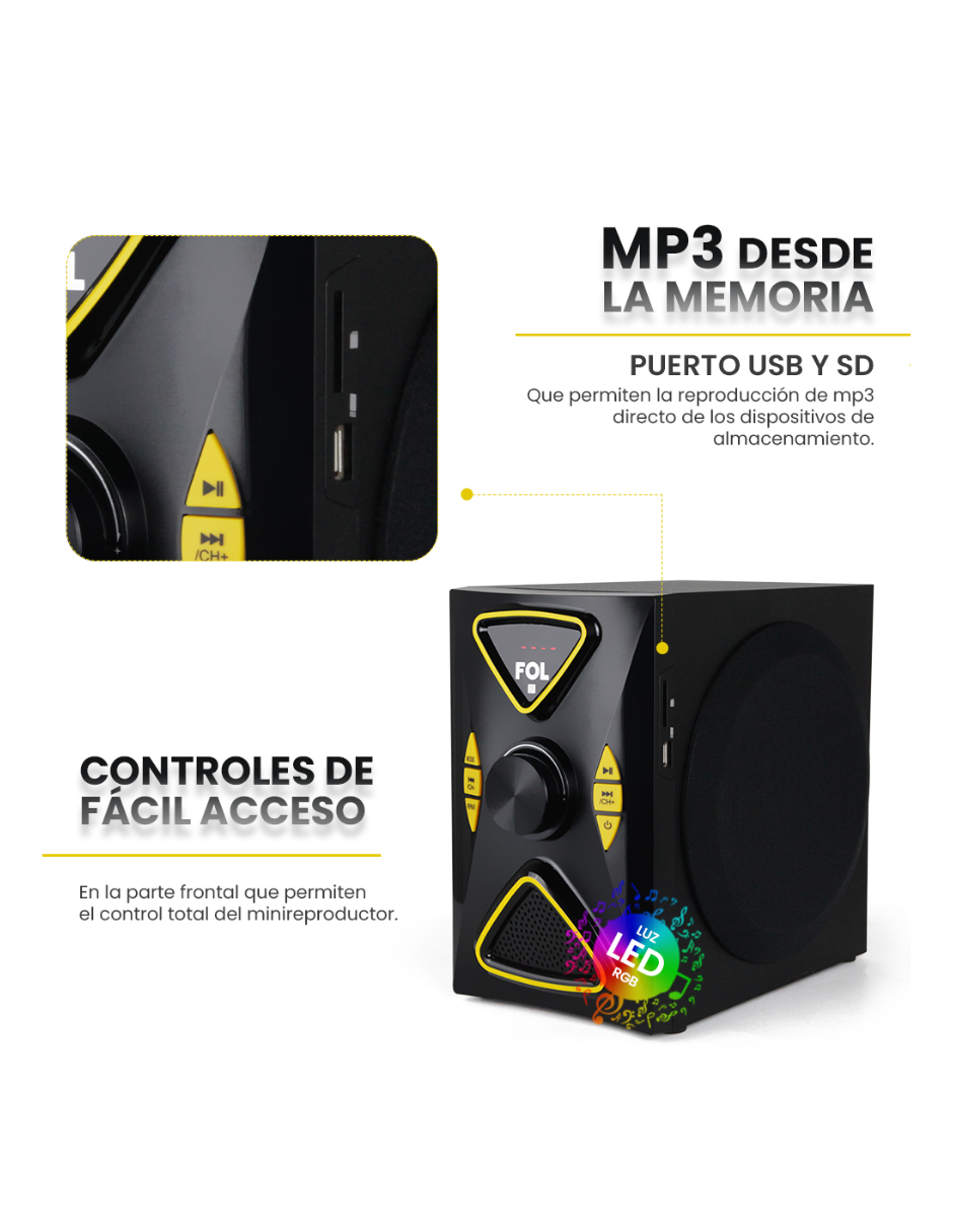 Mini componente de 3 bocinas y control remoto con luz