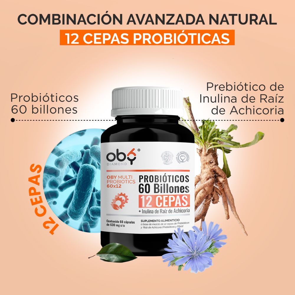 OBY MULTI Probiotics | Probioticos 60 Billones de 12 Cepas + Prebioticos de Inulina Raiz de ...