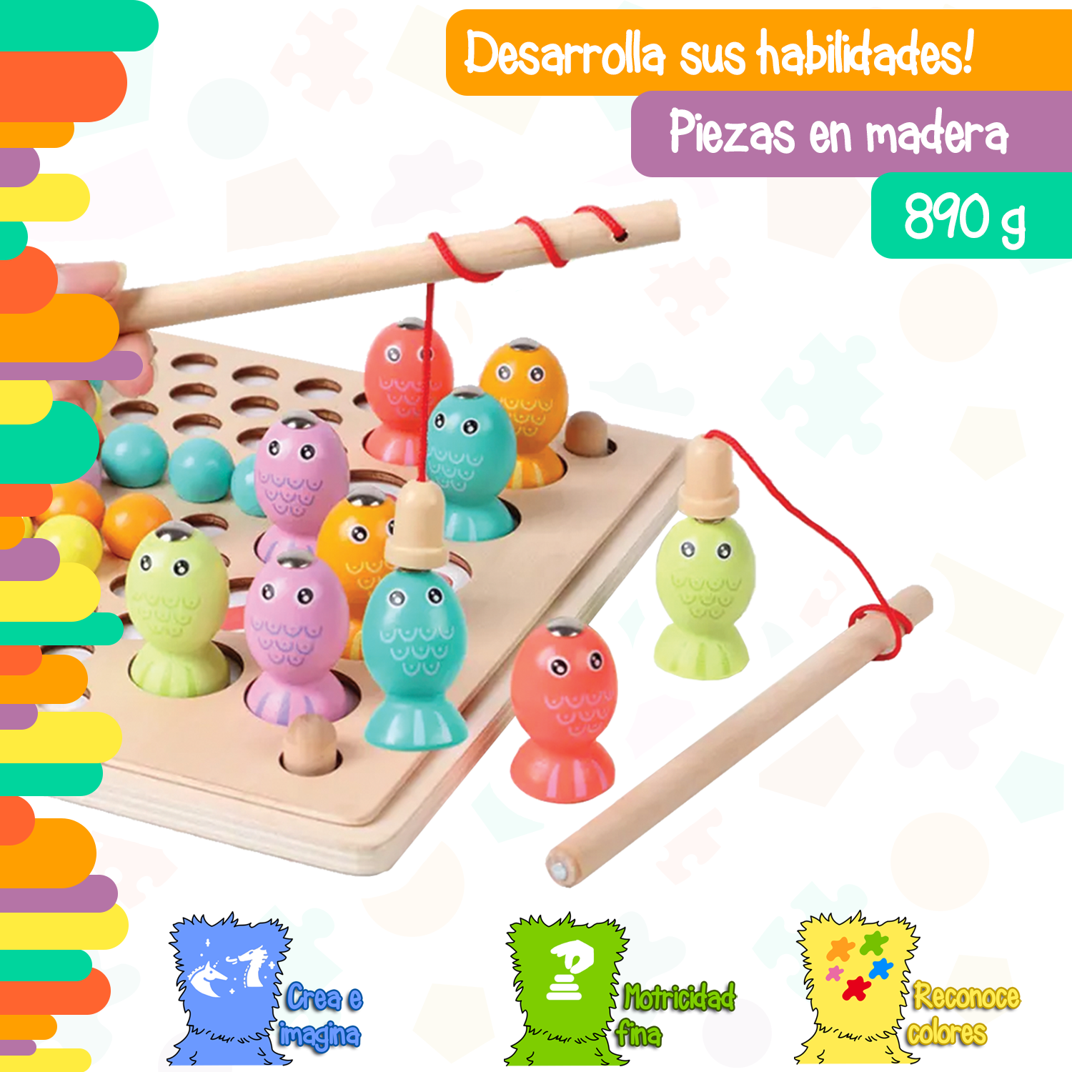 Yuff! Tablero Montessori de madera con esferas y pesca para niños