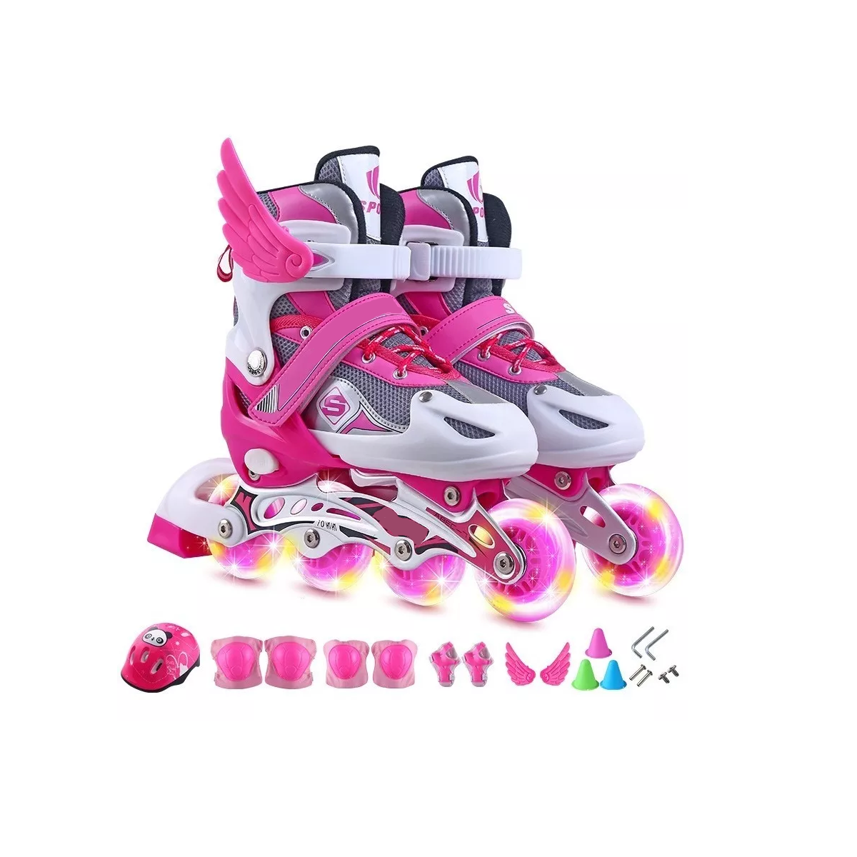 Patines Roller Niñas Con Luz Led+protecciones Rosa 17-20.5