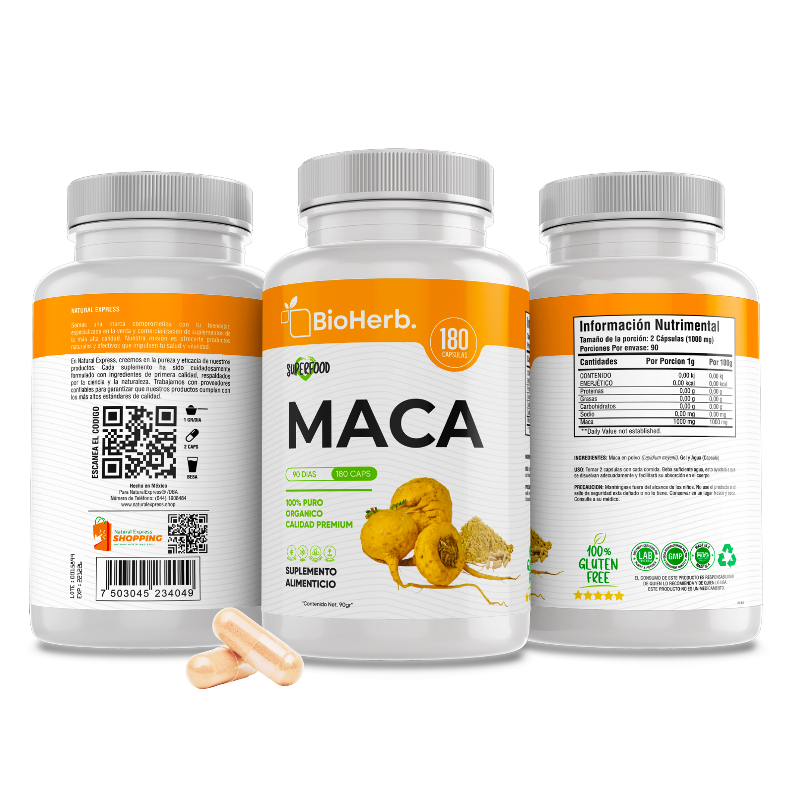 Maca Organica 100% Pura (180 Capsulas 500mg) |Para 90 Dias | NATURAL ...