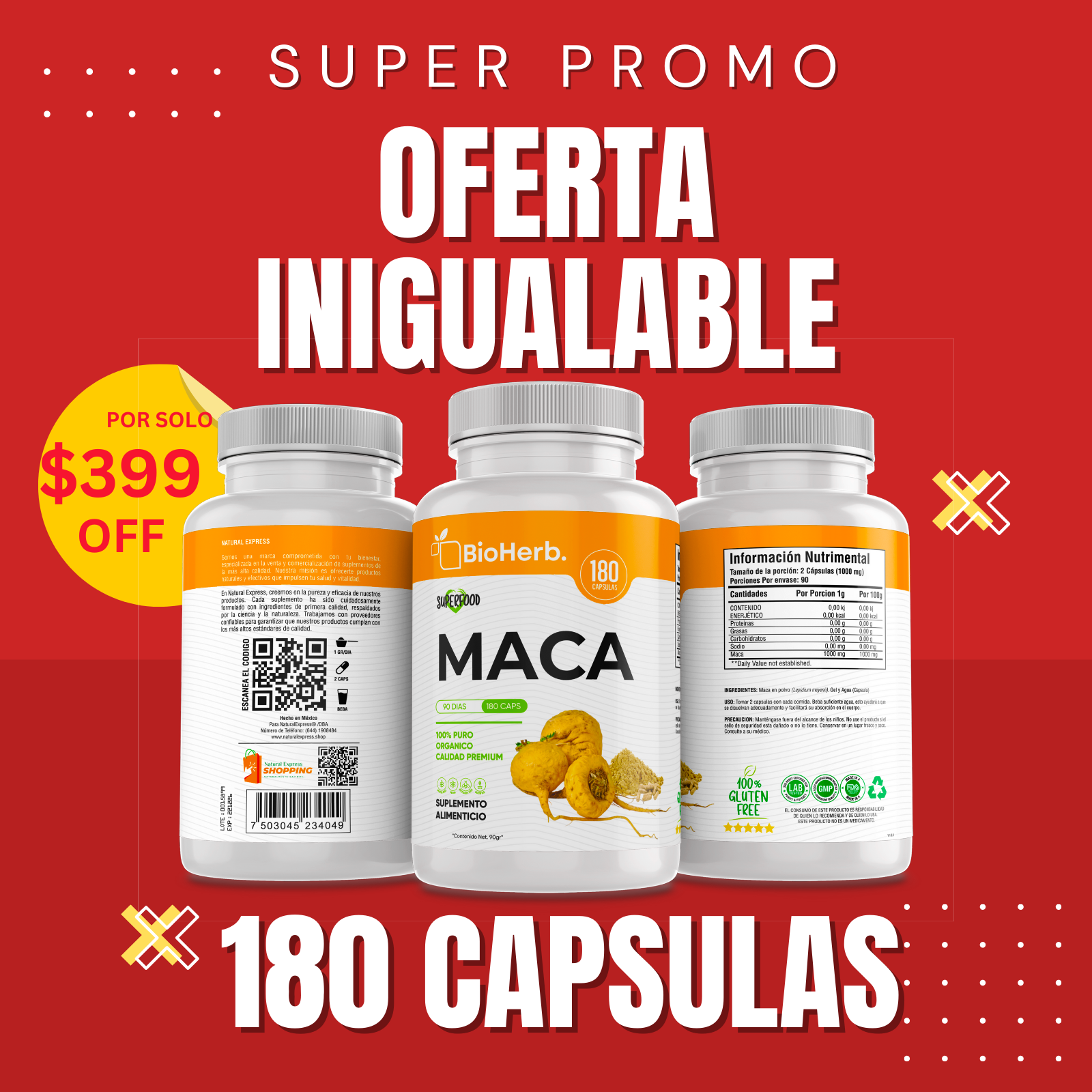 Maca Organica 100% Pura (180 Capsulas 500mg) |Para 90 Dias | NATURAL ...