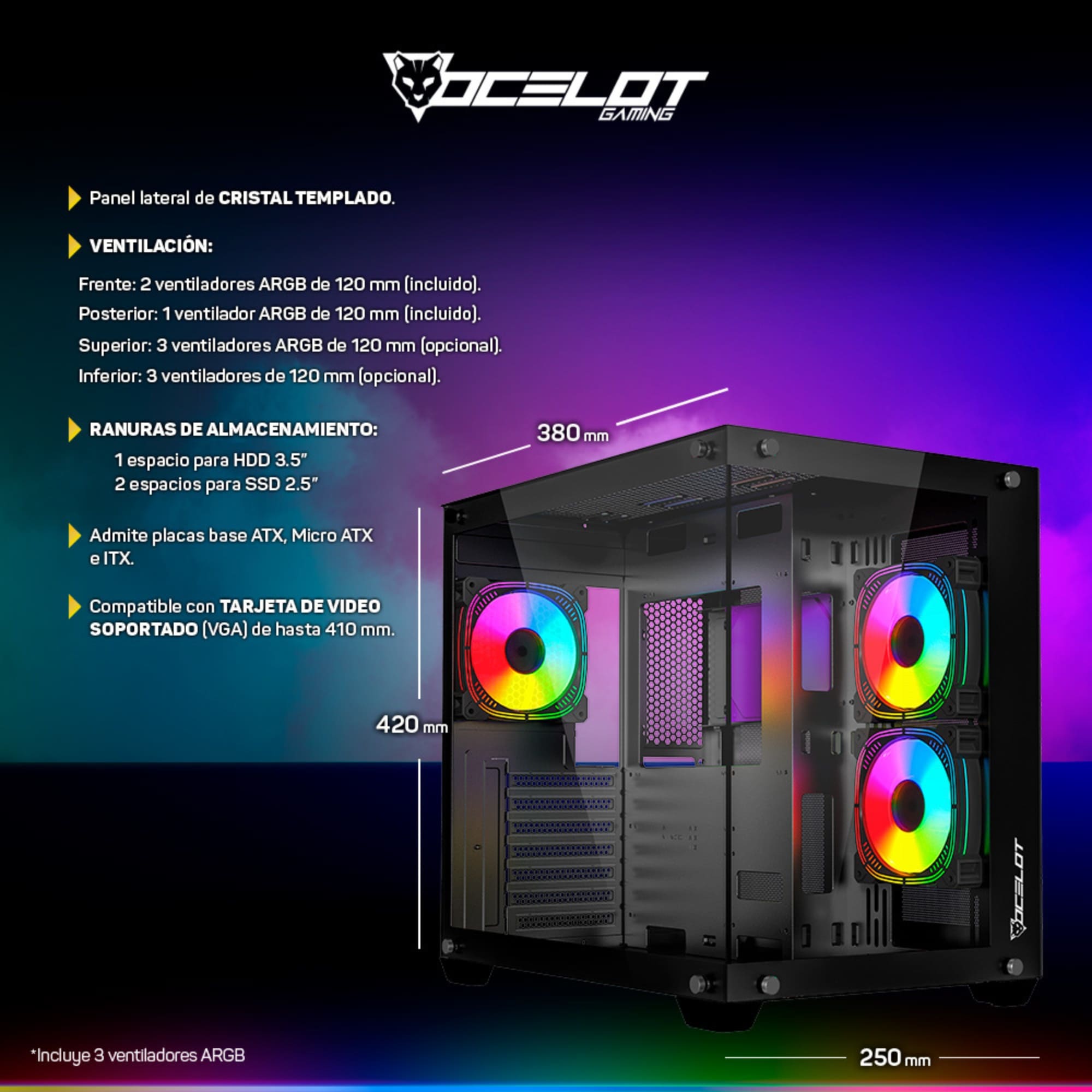 Gabinete Ocelot Gaming A-CUBE 1, ATX, Cristal Templado, incluye 3 ...