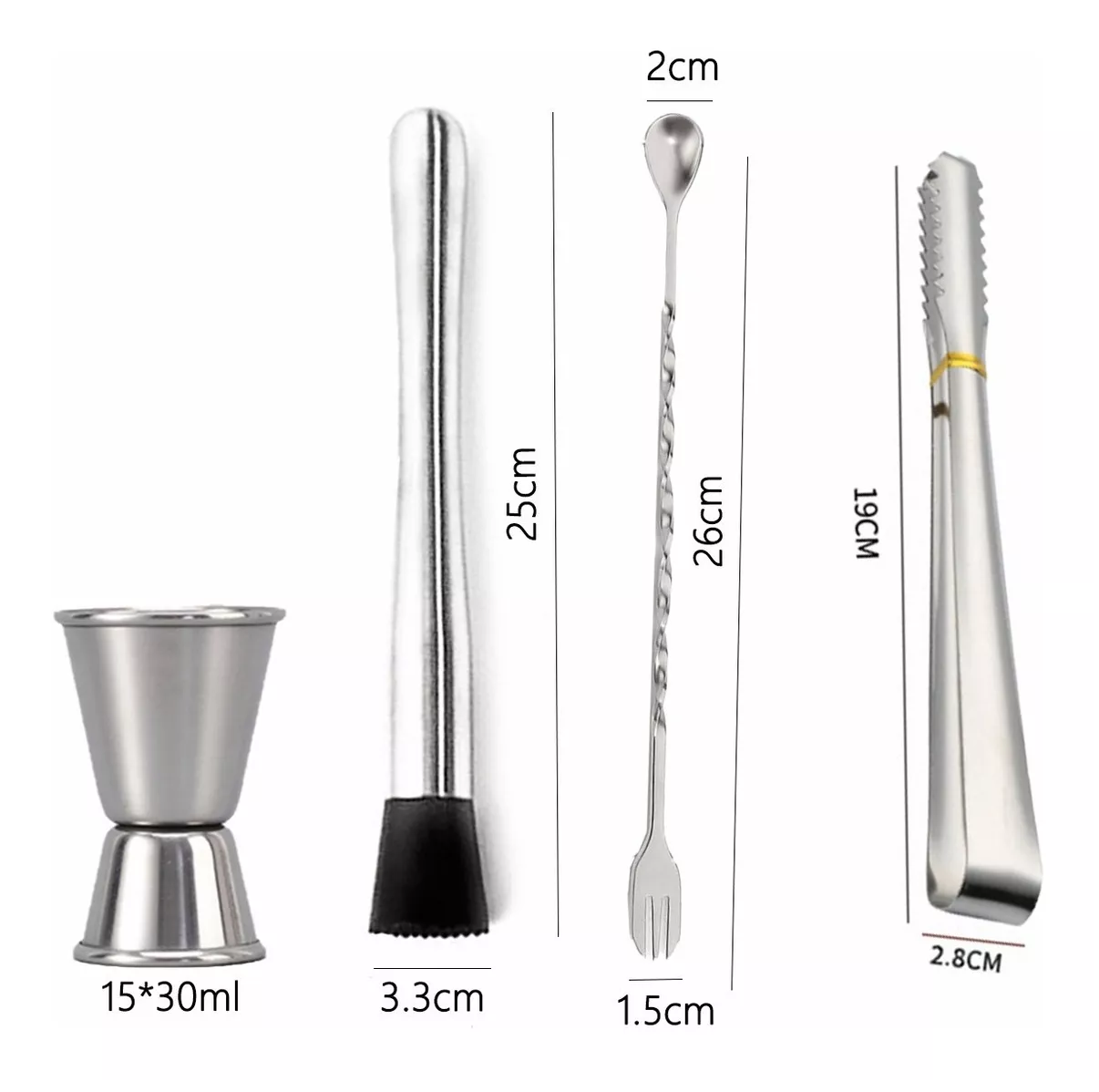 Kit De Barman De Acero Inoxidable Con Jigger Cuchara Plateada