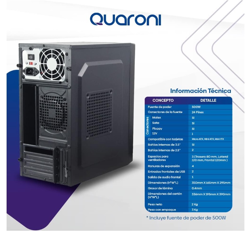 Gabinete Micro-atx/mini-itx Quaroni Qcmt-08 Con Fuente 500w