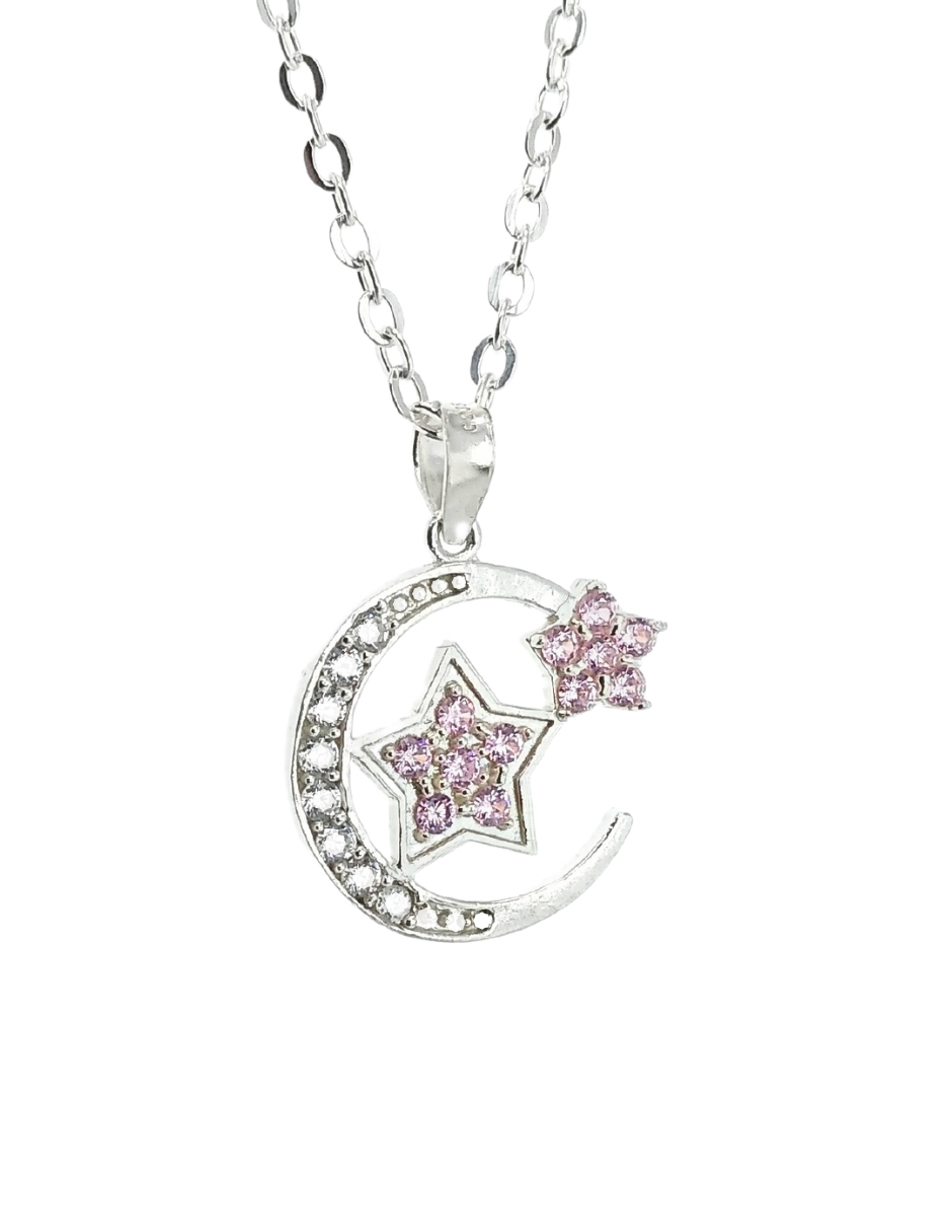 Collar de Luna con estrellas Rosa de Plata .925 Joyería Zvezda