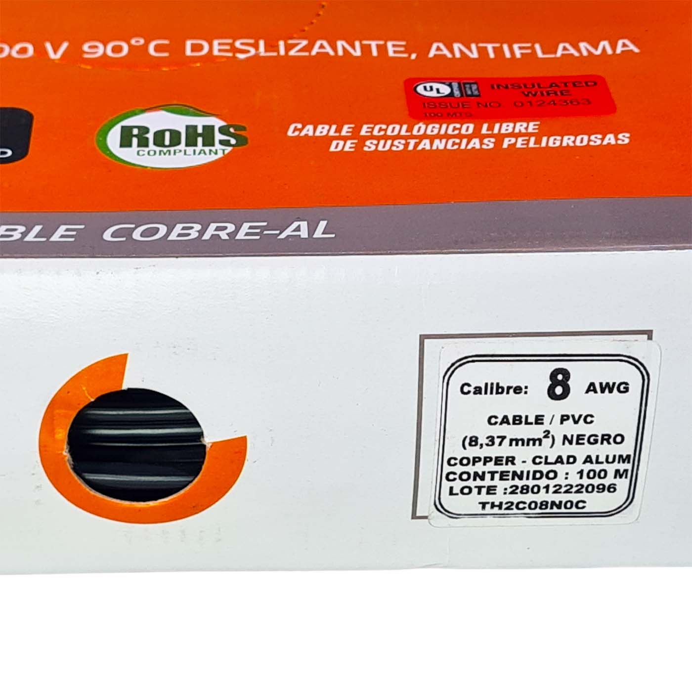 Rollo 100m Cable Eléctrico Calibre 8 Cobre-Al Antiflama Negro THW / THHW