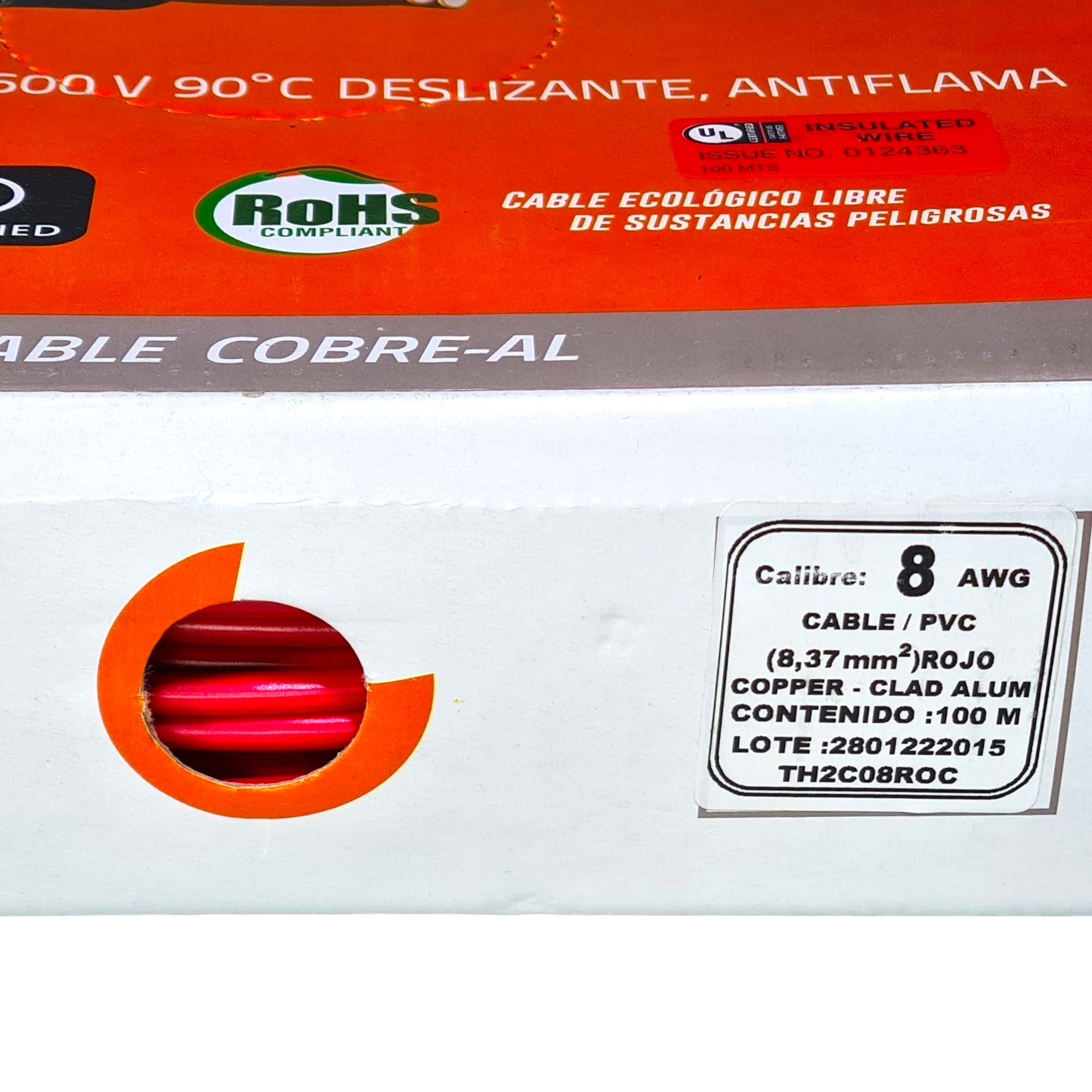 Rollo 100m Cable Eléctrico Calibre 8 Cobre-Al Antiflama Rojo THW / THHW