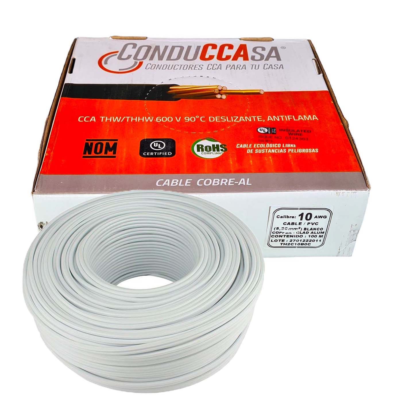 Rollo 100m Cable Eléctrico Calibre 10 Cobre-Al Antiflama Blanco THW / THHW