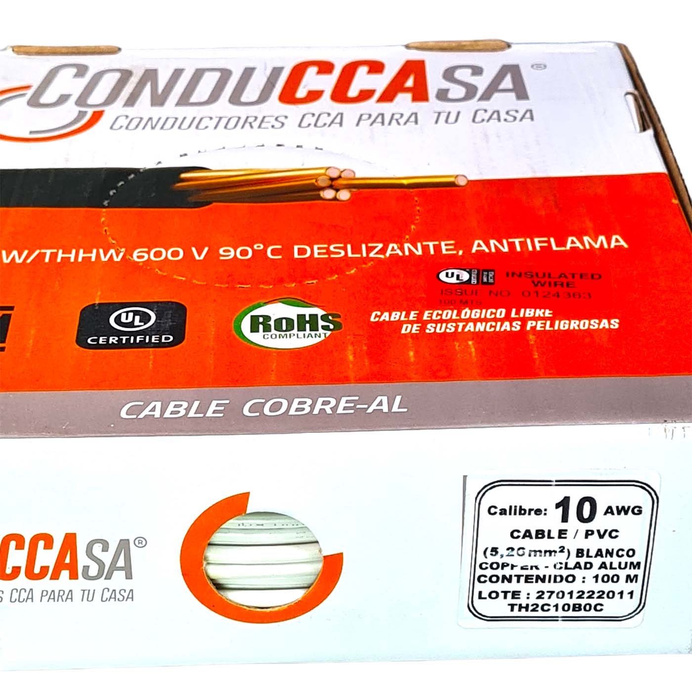Rollo 100m Cable Eléctrico Calibre 10 Cobre-Al Antiflama Blanco THW / THHW