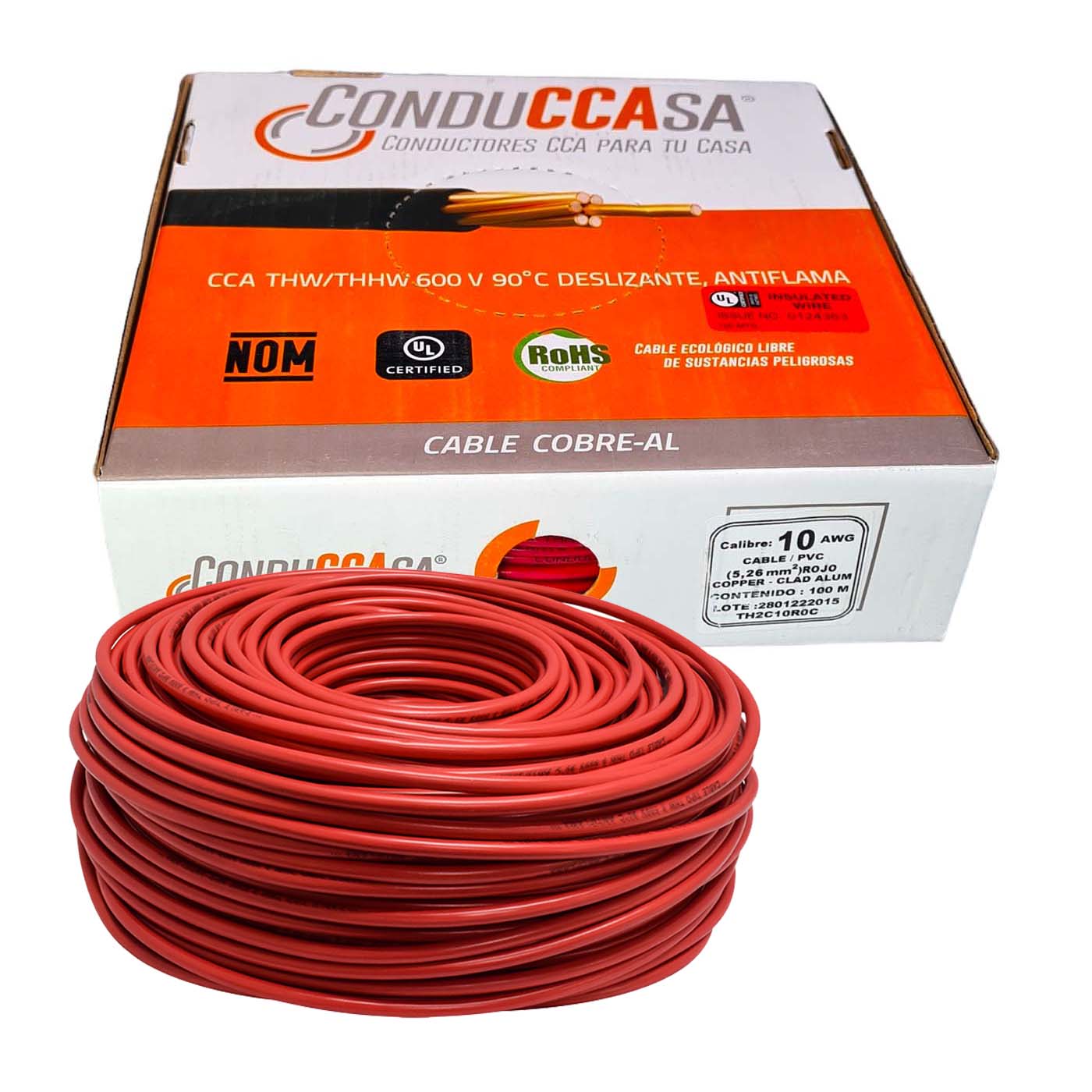 Rollo 100m Cable Eléctrico Calibre 10 Cobre-Al Antiflama Rojo THW / THHW