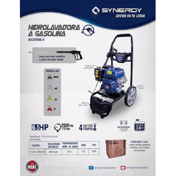 Hidrolavadora A Gasolina 6.5 Hp 2,500 Psi Synergy Motor 4 Tiempos