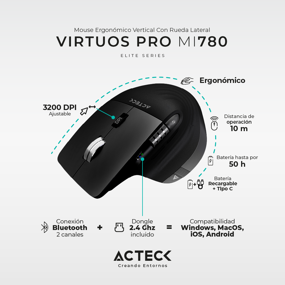 Mouse Ergonómico Acteck Profesional 2 Modos Bluetooth Mi780 Negro