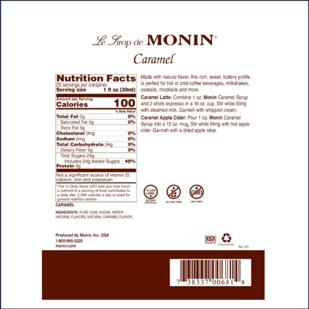 Monin Jarabe de Caramel - Caramelo en botella de Vidrio de 750 ml.