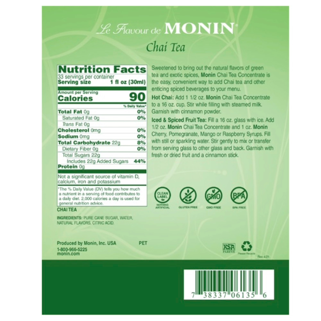 Monin Chai Tea concentrado, 33.8 onzas botella de PET (1 litro)