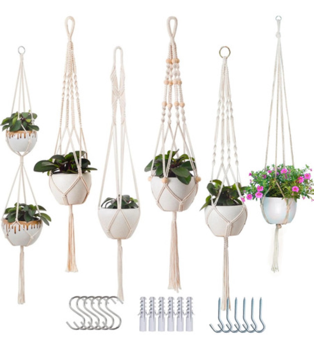 6 Maceteros Colgantes De Macramé Portamacetas Con Ganchos Beige