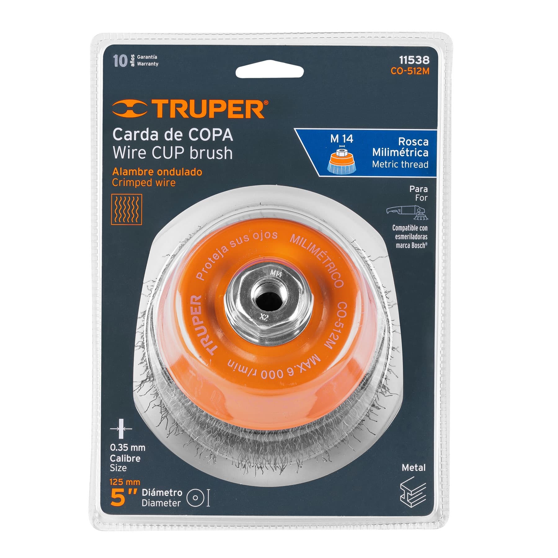CARDA COPA 5" ALAMBRE ONDULADO FINO, EJE M14, TRUPER 11538