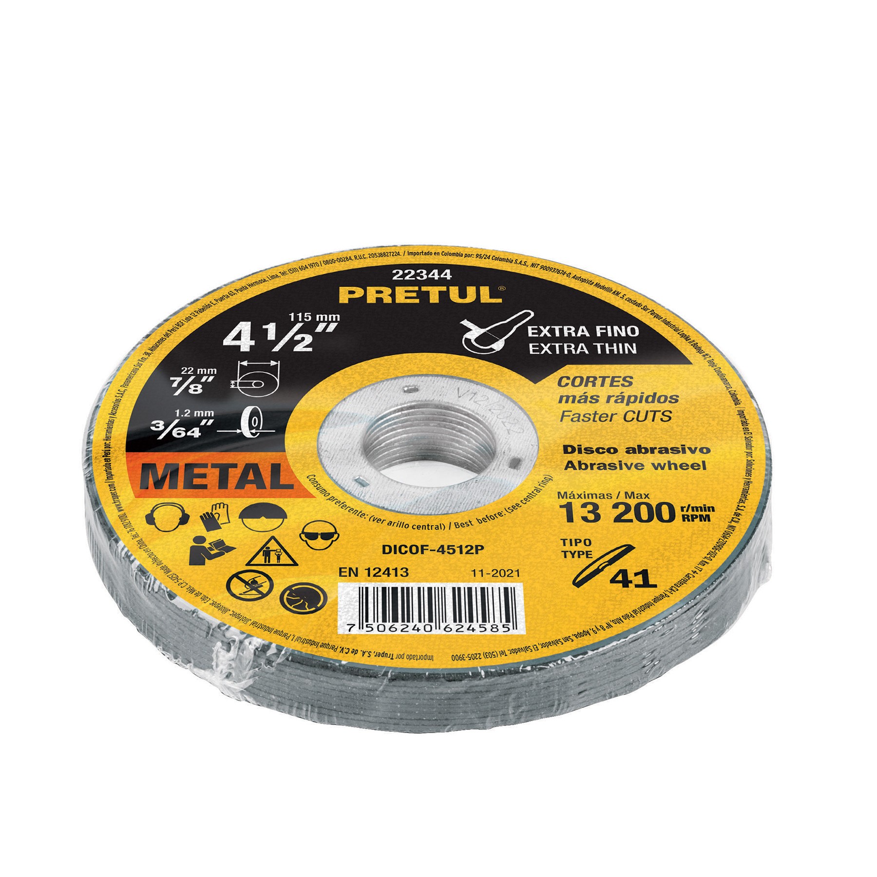 DISCOS ABRASIVOS CORTE EXTRAFINO DE METAL, PRETUL 22344