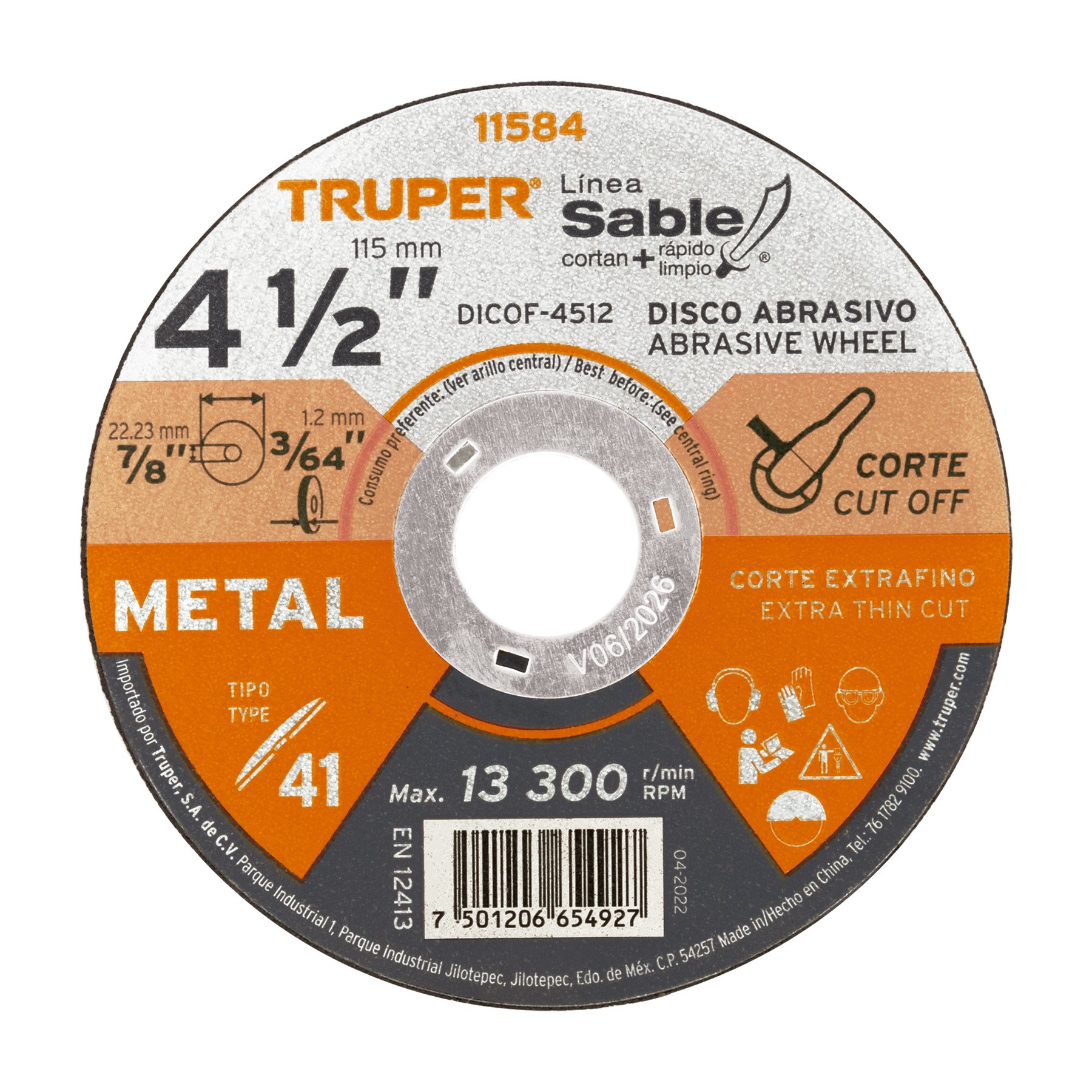 DISCO TIPO 41 DE 4-1/2" X 1.2 MM CORTE FINO DE METAL, SABLE TRUPER 11584