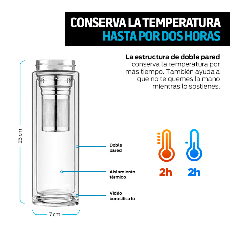 Termo de Vidrio Doble Pared con Infusor de Té y Tapa de Bambú 435 ml