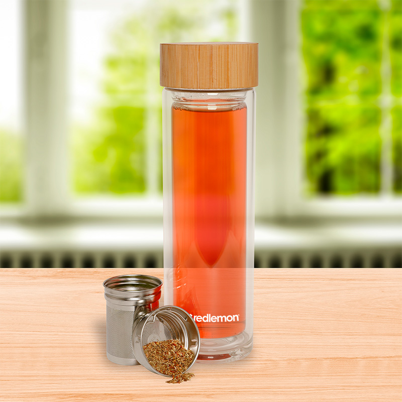 Termo de Vidrio Doble Pared con Infusor de Té y Tapa de Bambú 435 ml