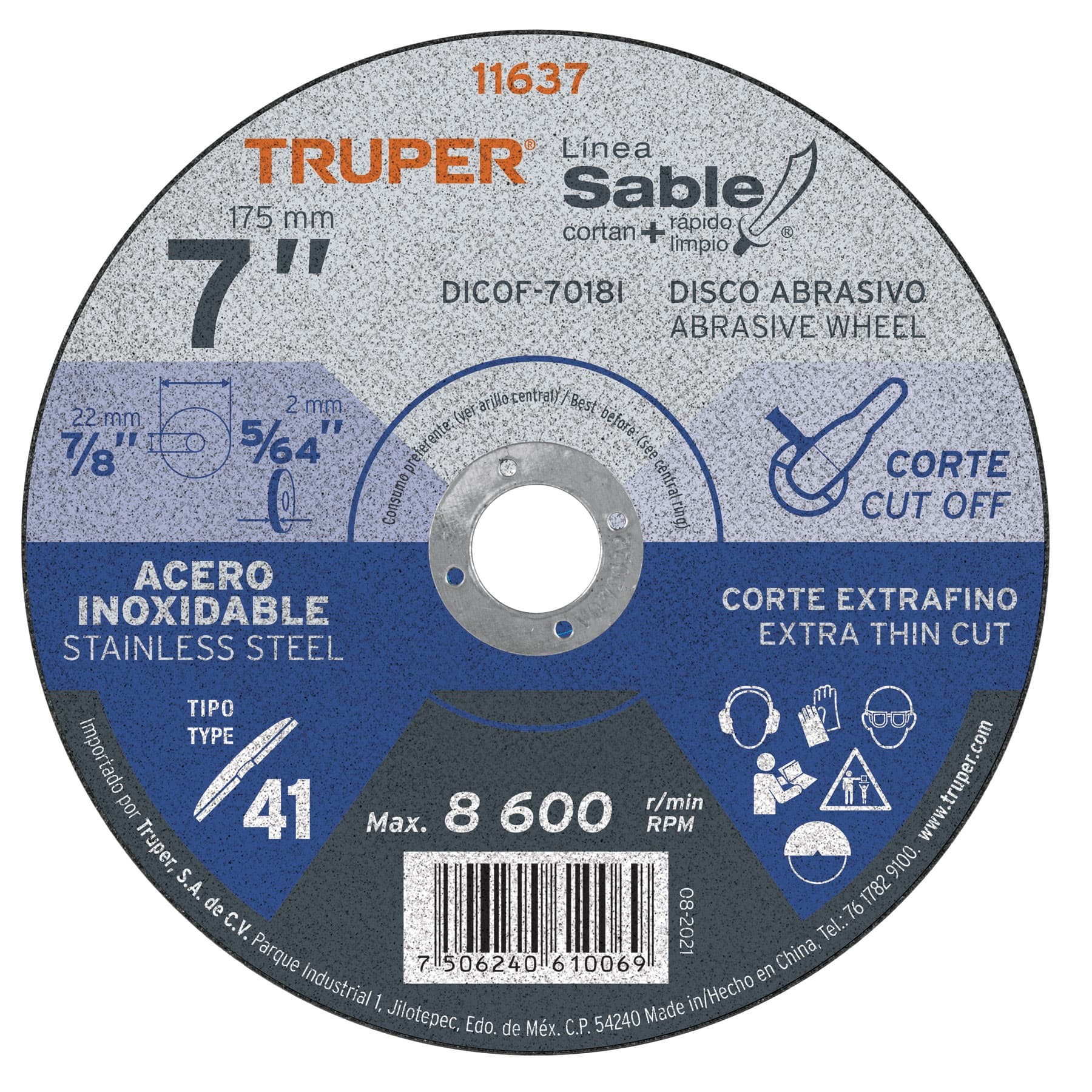 DISCO TIPO 41 DE 7" X 1.8 MM CORTE FINO ACERO INOX, SABLE TRUPER 11637