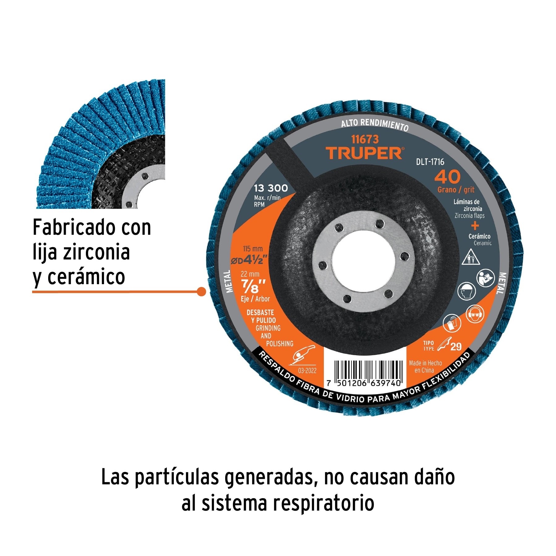 DISCO 4-1/2" LAMINADO GRANO 40 CENTRO 7/8", TRUPER 11673