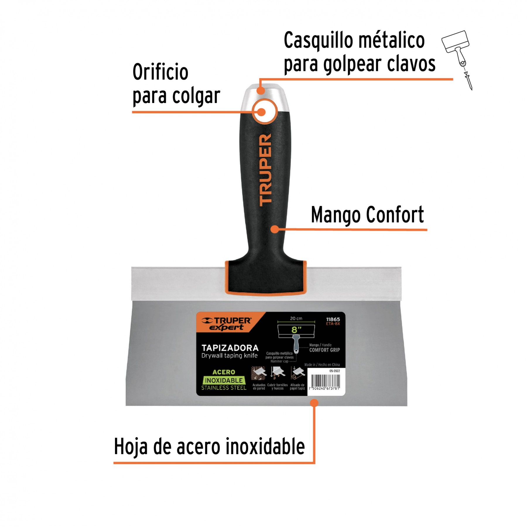 ESPÁTULA TAPIZADORA DE 8" ACERO INOXIDABLE, TRUPER EXPERT 11865