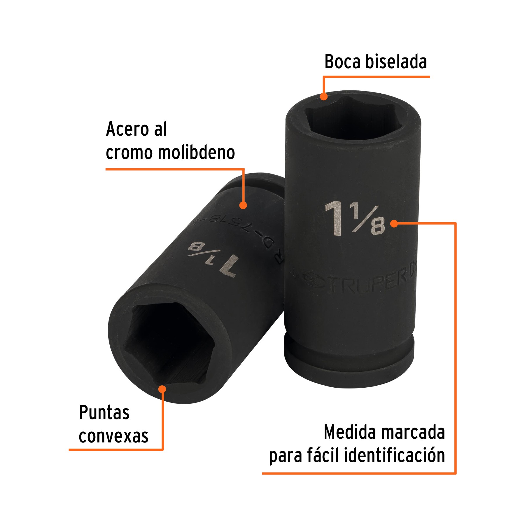 DADO LARGO DE IMPACTO DE 1-1/8", 6 PUNTAS, CUADRO 3/4" TRUPER 12436