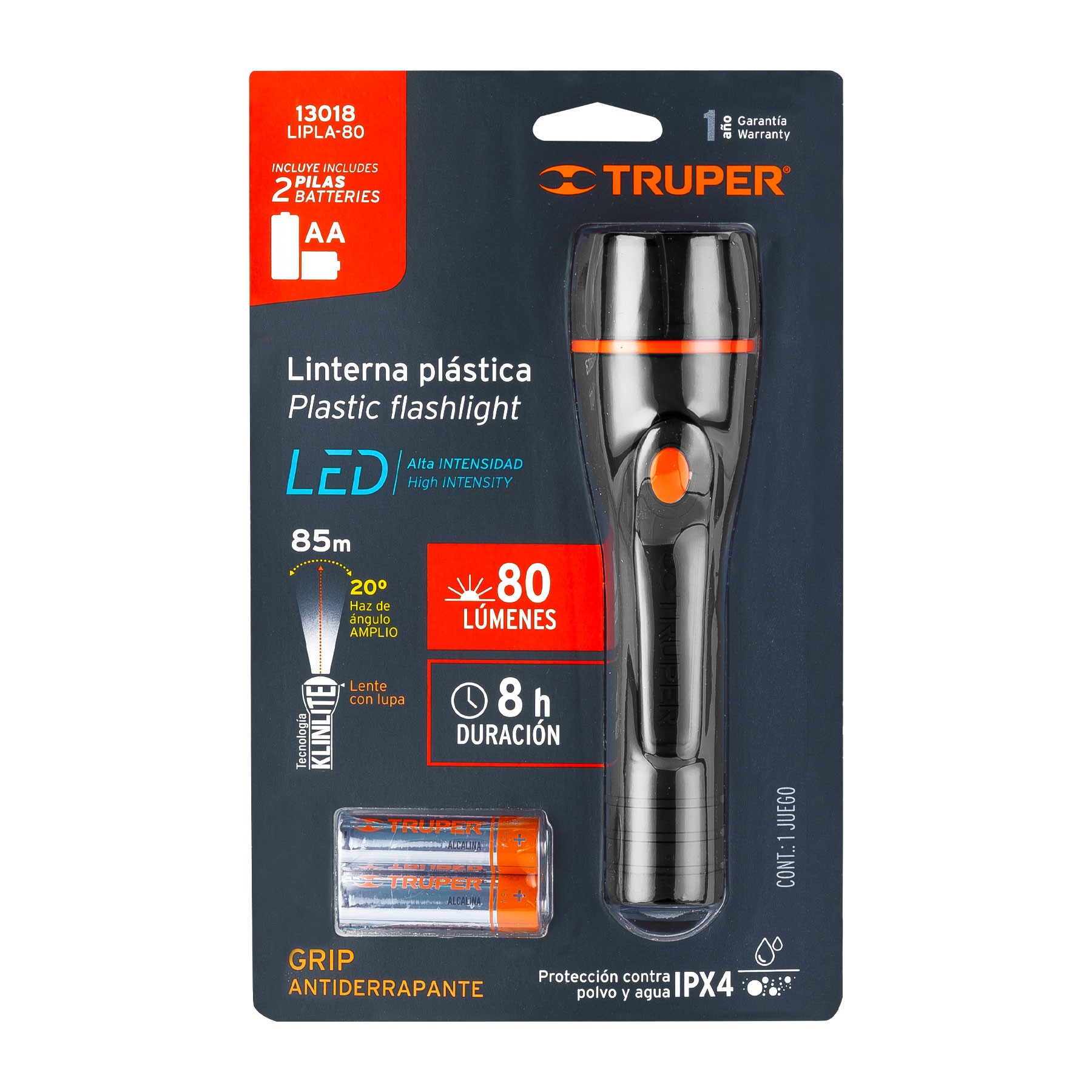 LINTERNA PLÁSTICA 1 LED 80 LM CON 2 PILAS AA, TRUPER 13018