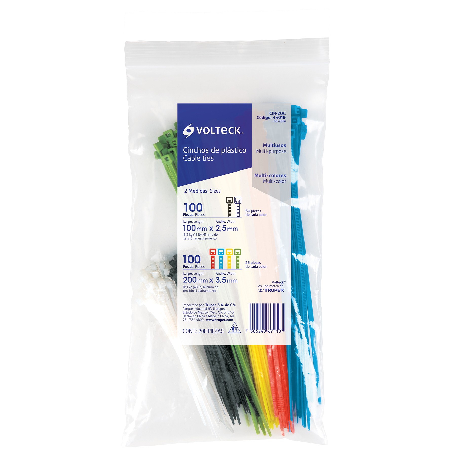 BOLSA CON 200 CINCHOS PLÁSTICOS EN COLORES SURTIDOS, VOLTECK 44019