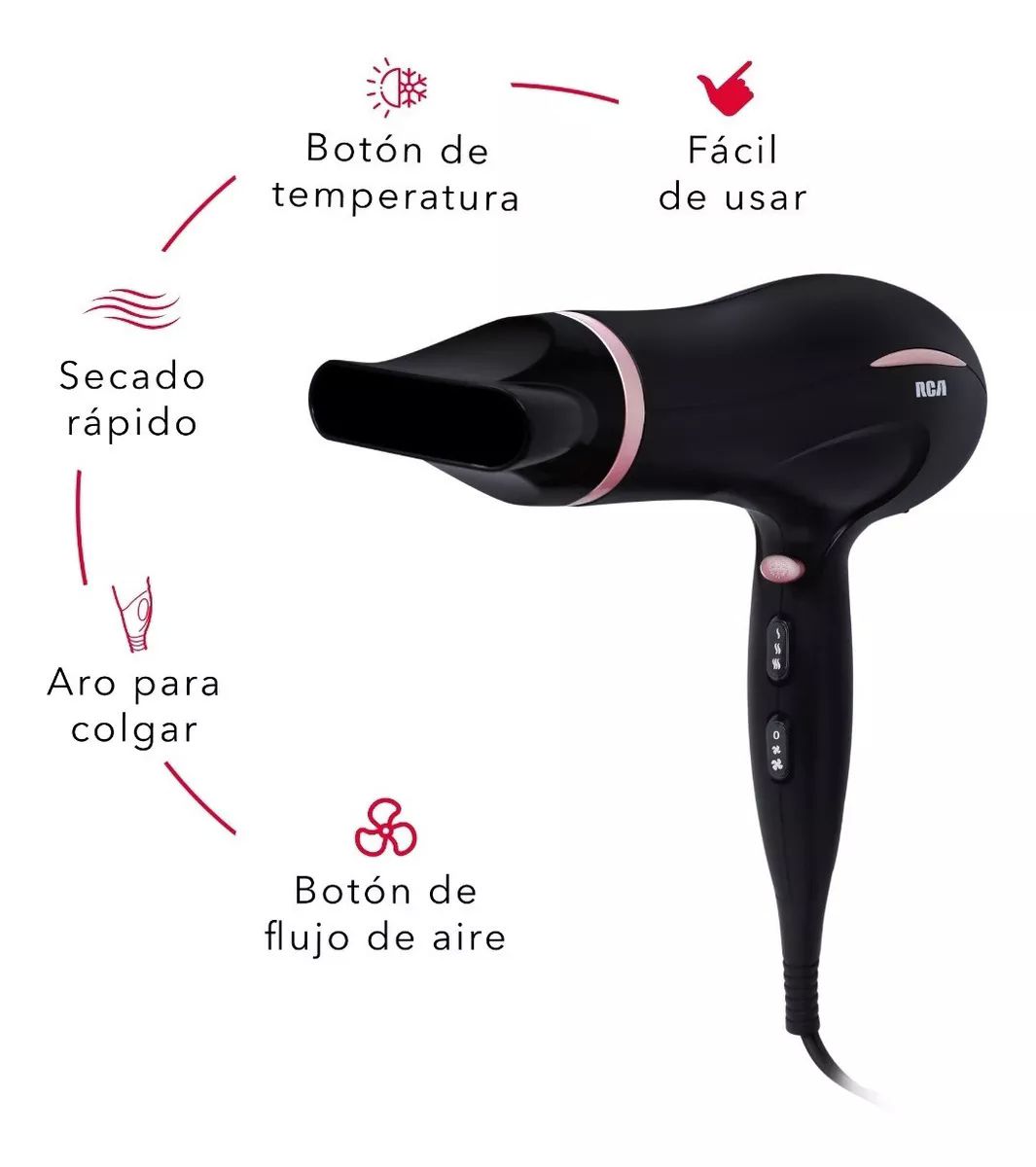 Rca Secadora De Cabello Con Boquilla Desmontable Rc-p15 Color Negro