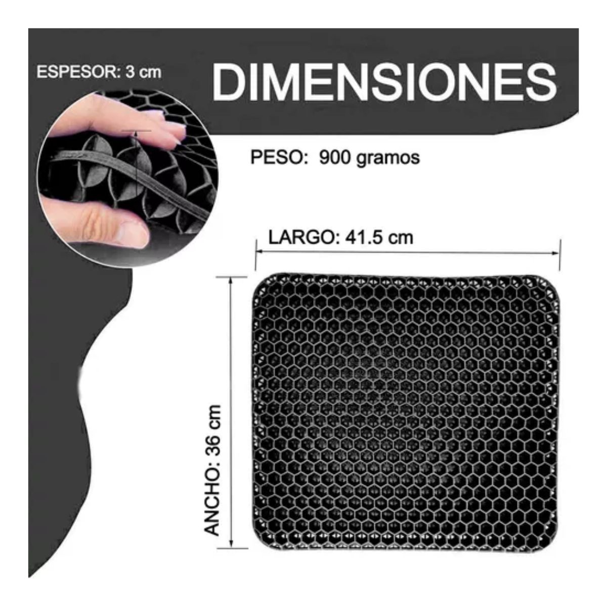 Cojin Gel Panal Ergonomico Silicon Asiento Comodo Auto Silla Negro