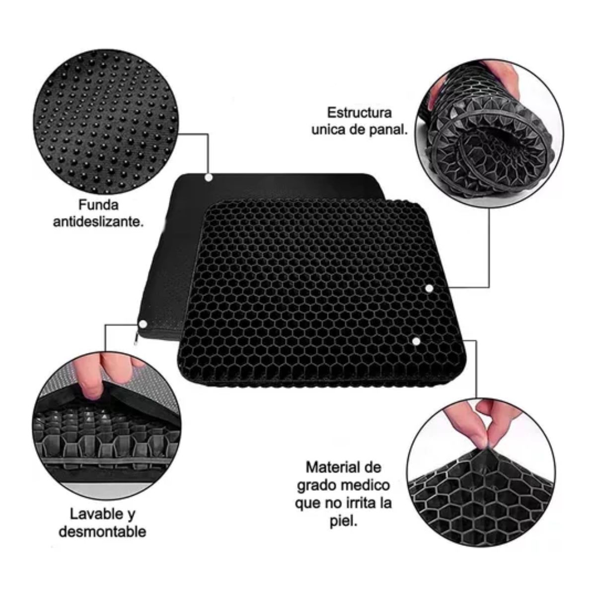 Cojin Gel Panal Ergonomico Silicon Asiento Comodo Auto Silla Negro