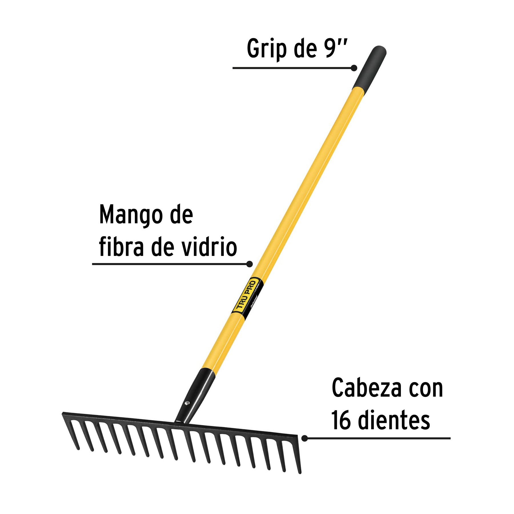 RASTRILLO RECTO, 16 DIENTES, MANGO DE FIBRA DE VIDRIO DE 60" TRUPER 17894