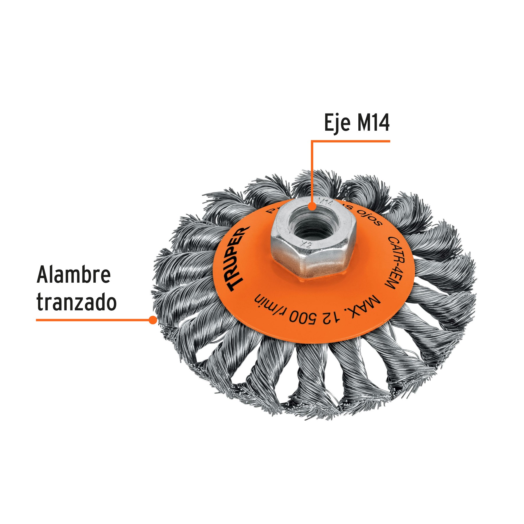 CARDA TIPO CÓNICO 4" ALAMBRE TRENZADO, EJE M14, TRUPER 14188